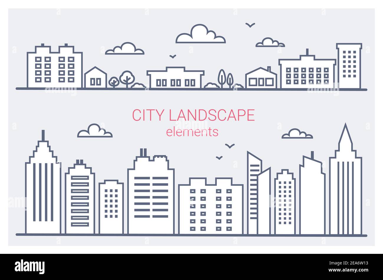 Thin line City buildings set. Downtown landscape with high skyscrapers ...