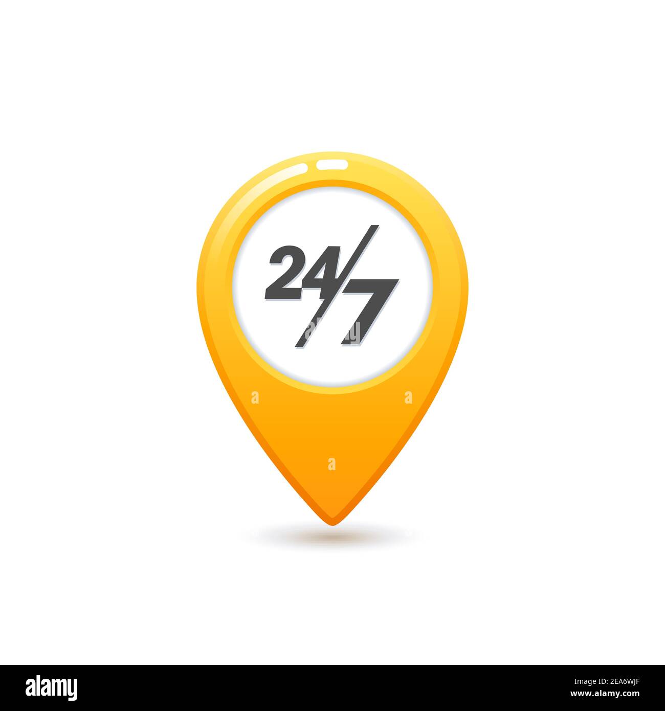Taxi service 24 7 icon, Flat style Yellow taxi icon. Map pin with 24 7 ...