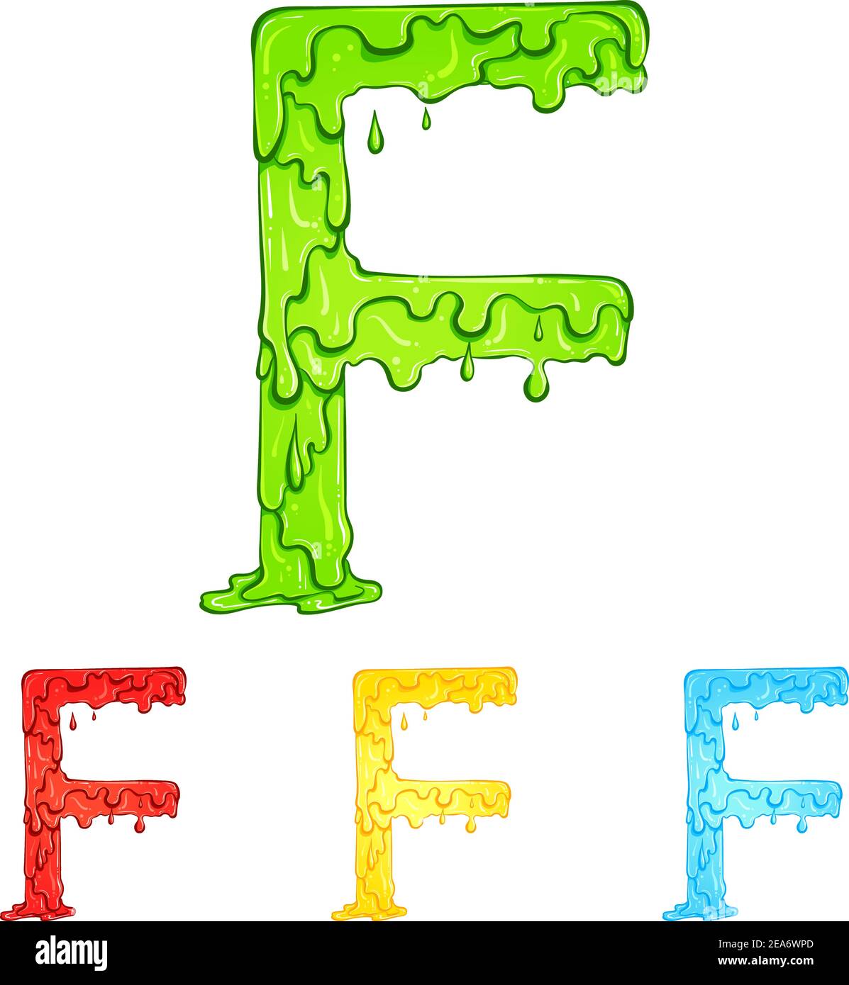 Letter F with flow drops and goo splash. Color illustration of the ...