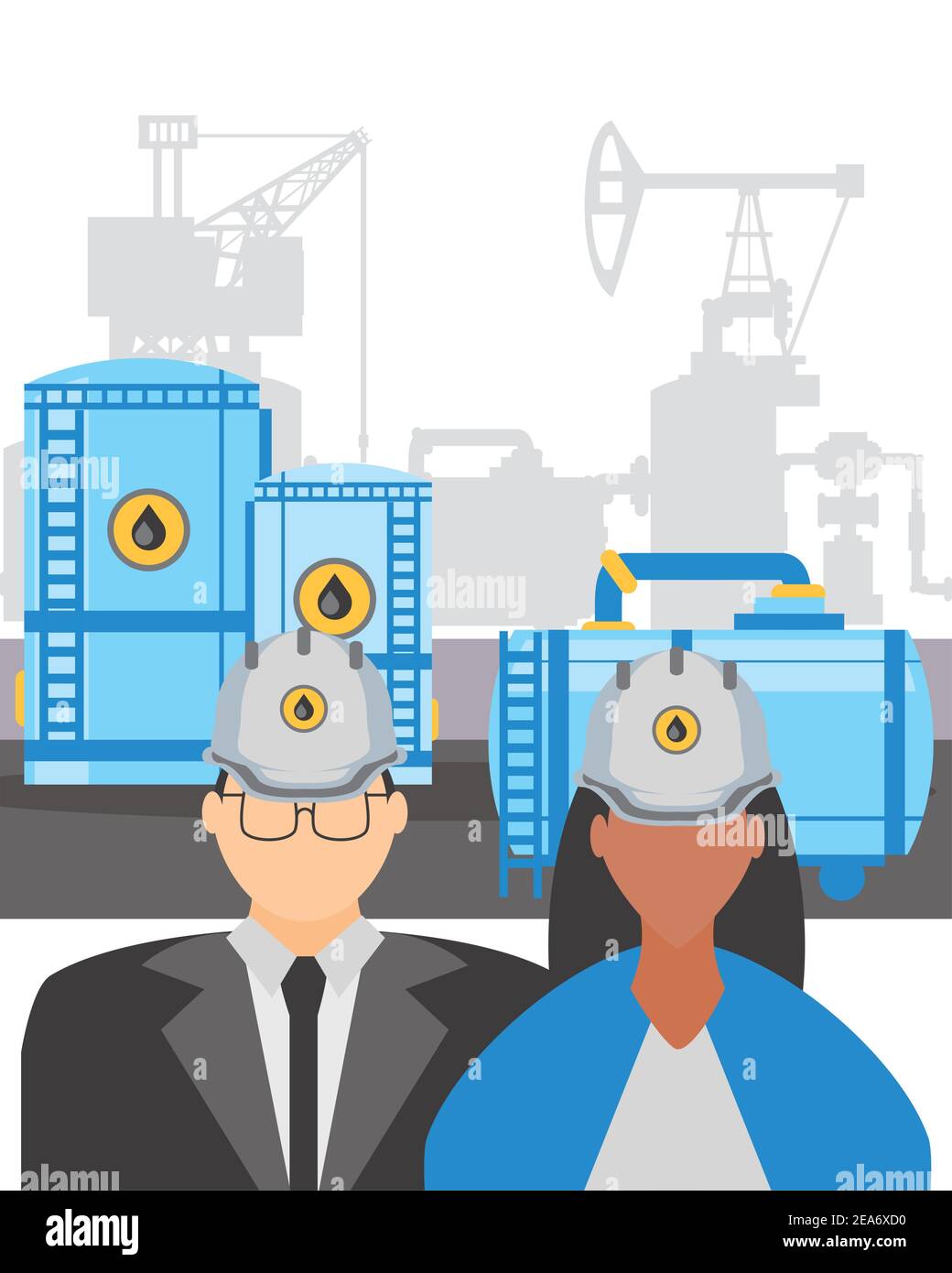 industry petroleum male and female workers refinery tanks vector ...