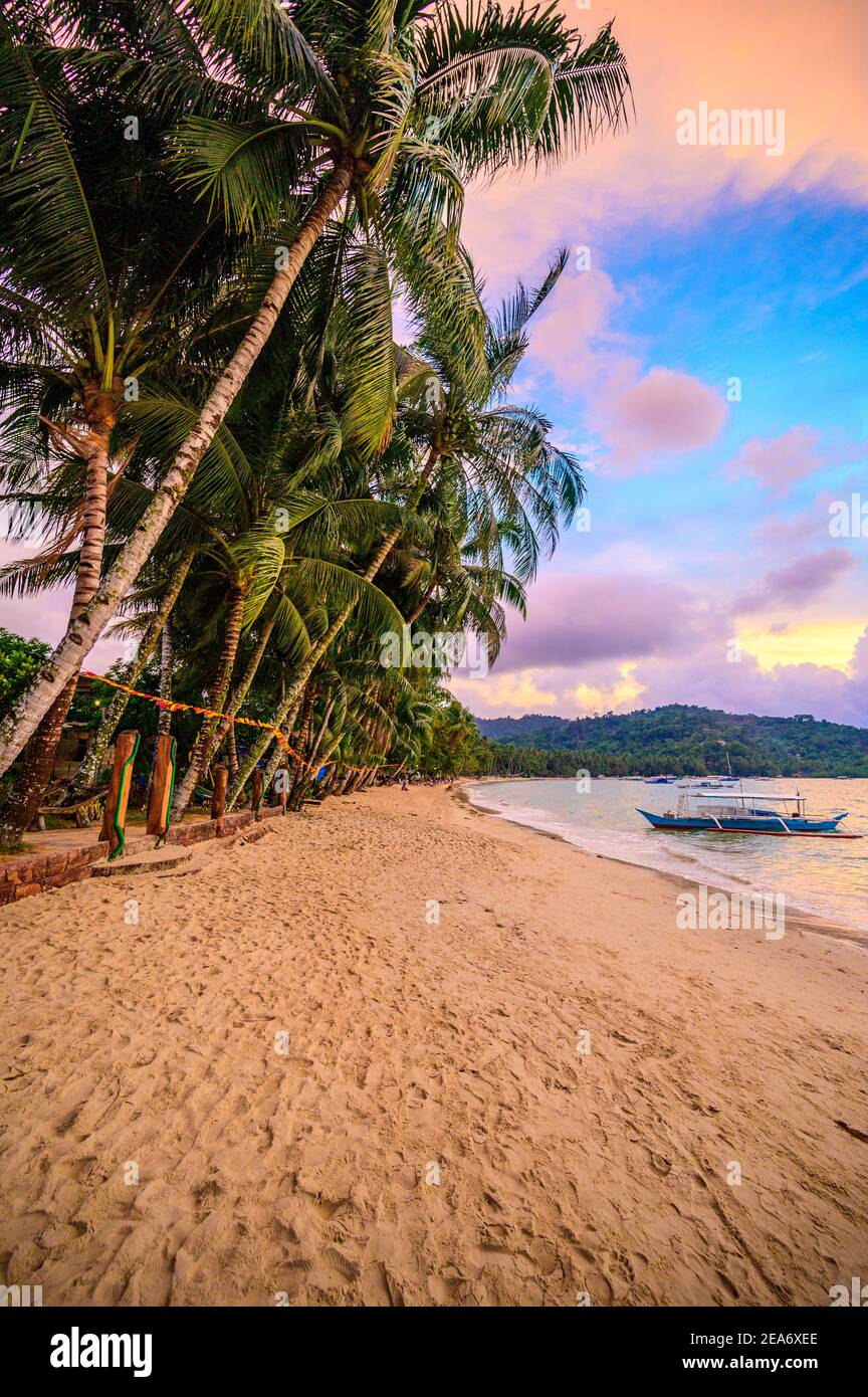 Port Barton Beach at sunset on paradise island, tropical travel ...