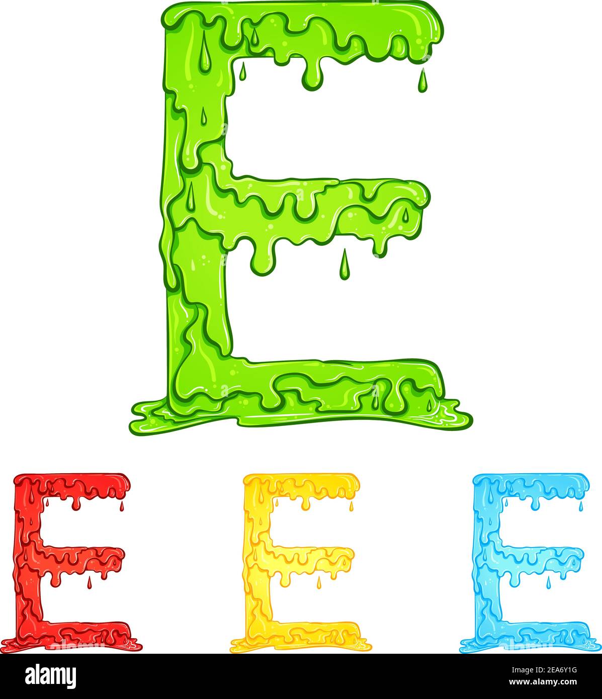 Letter E with flow drops and goo splash. Color illustration of the ...