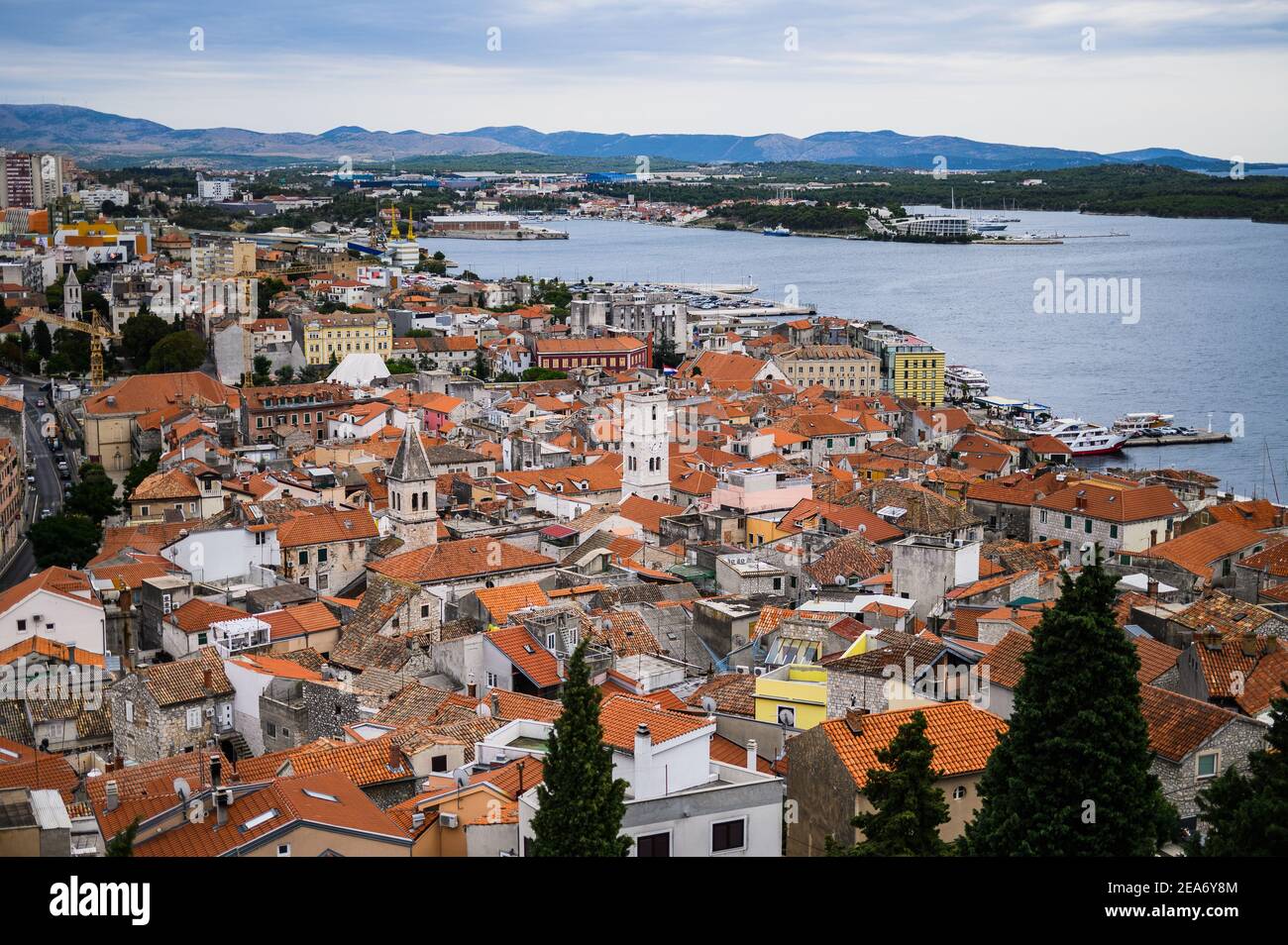 Old town Sibenik captured from the St. Michael's Fortress Stock Photo ...