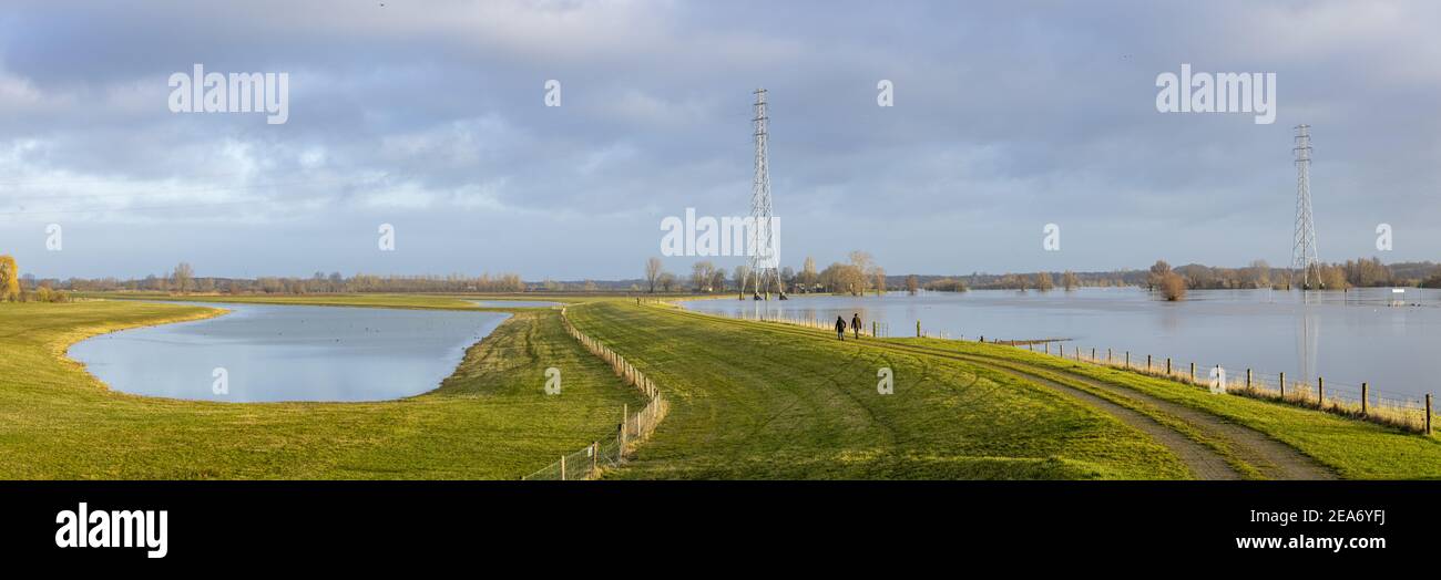 High water level with river overflowing picturesque landscape Stock ...