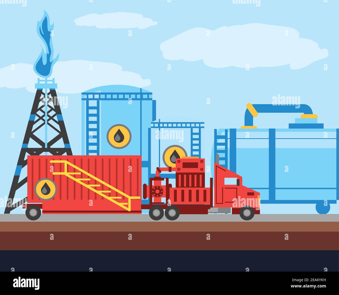 fracking tower oil and gas drilling industry truck and tanks vector ...
