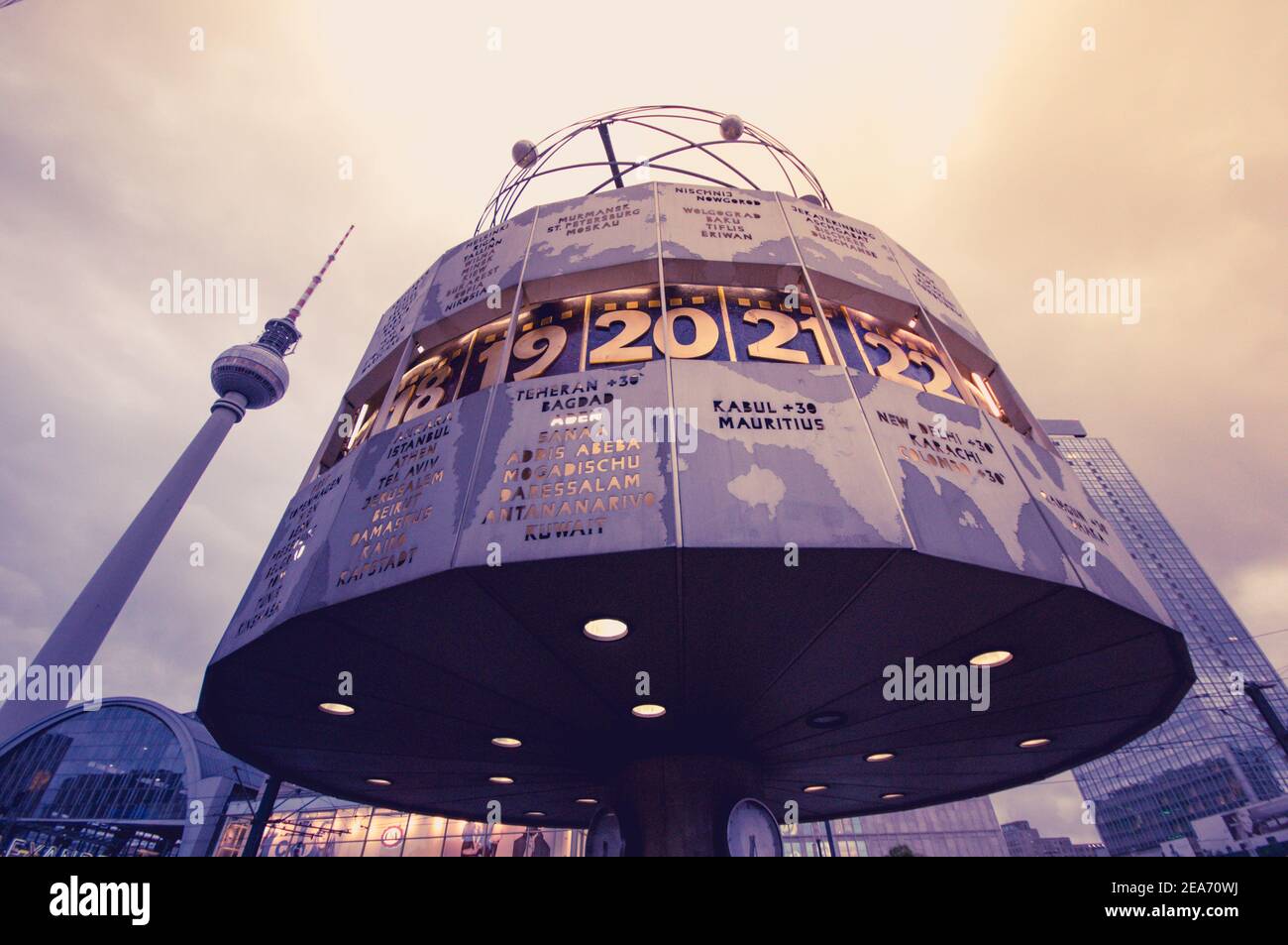 Low angle shot of TV Tower and world time clock in Berlin, Germany ...