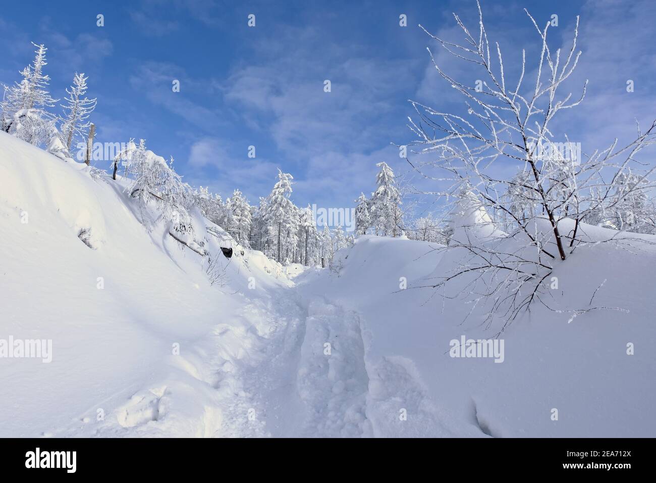 Winter in the mountains. Snow-covered mountain trail Stock Photo - Alamy