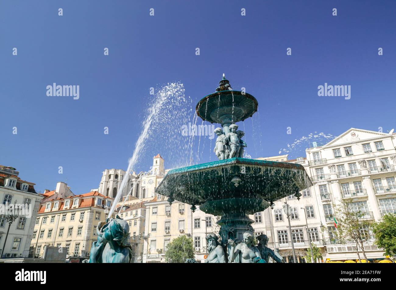 Convento do Carmo Rossio Square with fountain and statue Baixa Lisbon ...