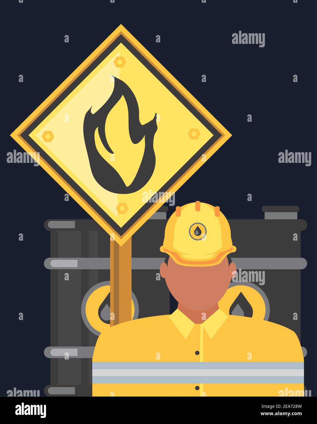 industry petroleum worker oil barrel and flammable substance sign ...