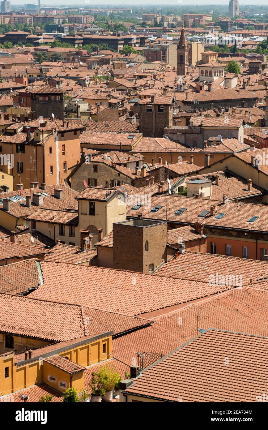An aerial view of the old buildings of the city and rooftops of Bologna ...