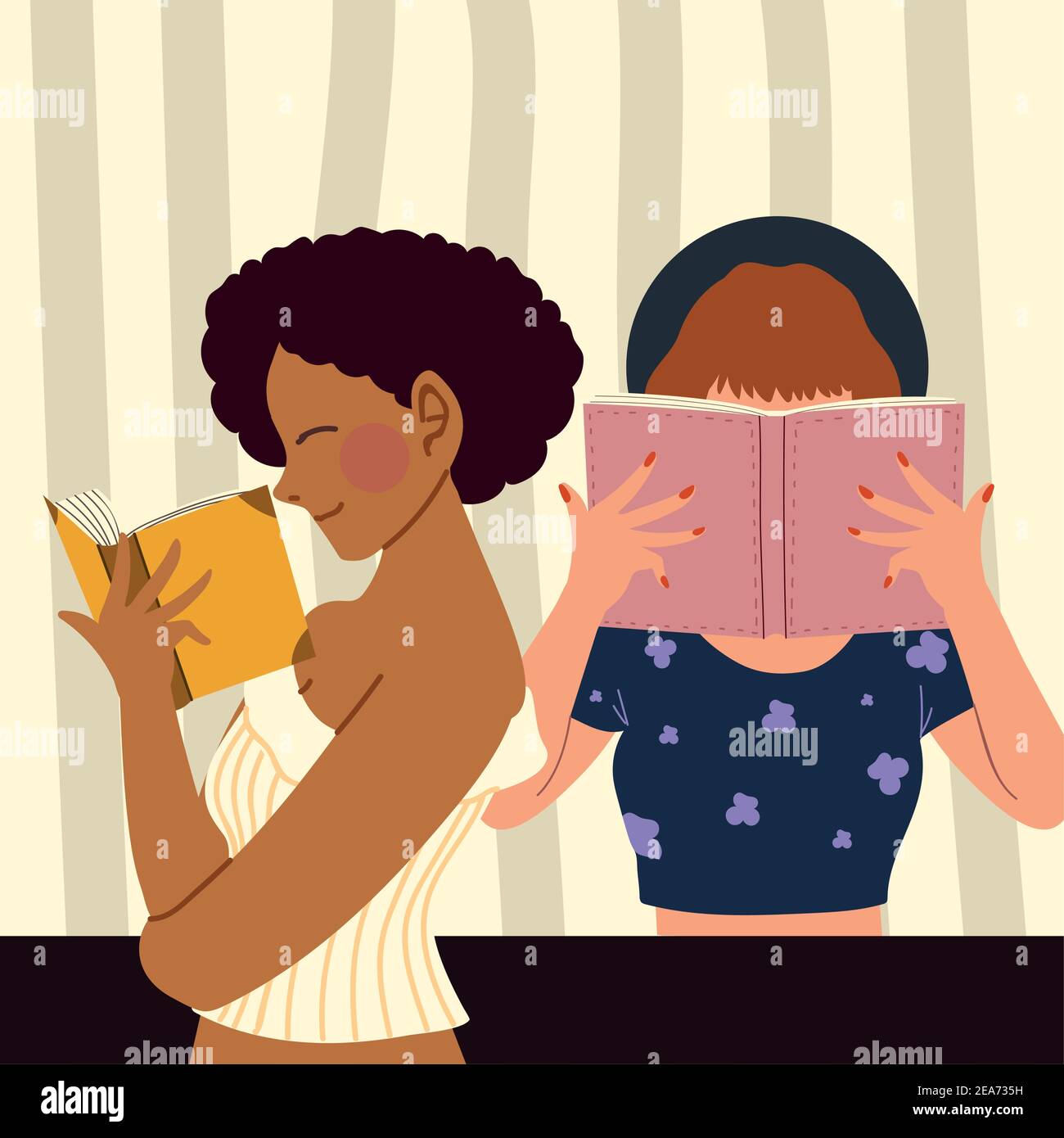 entertaining women reading books portrait vector illustration Stock ...