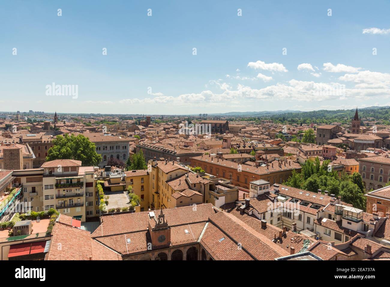 An aerial view of the old buildings of the city and rooftops of Bologna ...