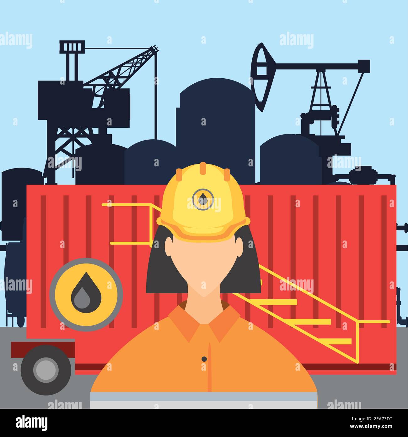 female worker fracking refinery tower, oil rig production vector ...
