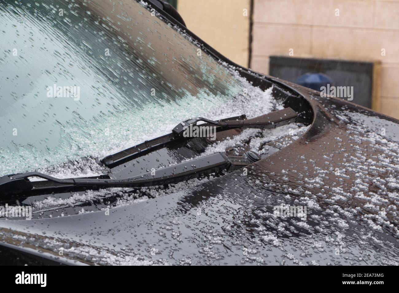 Hail on the windshield of a car during winter in Brittany Stock Photo ...