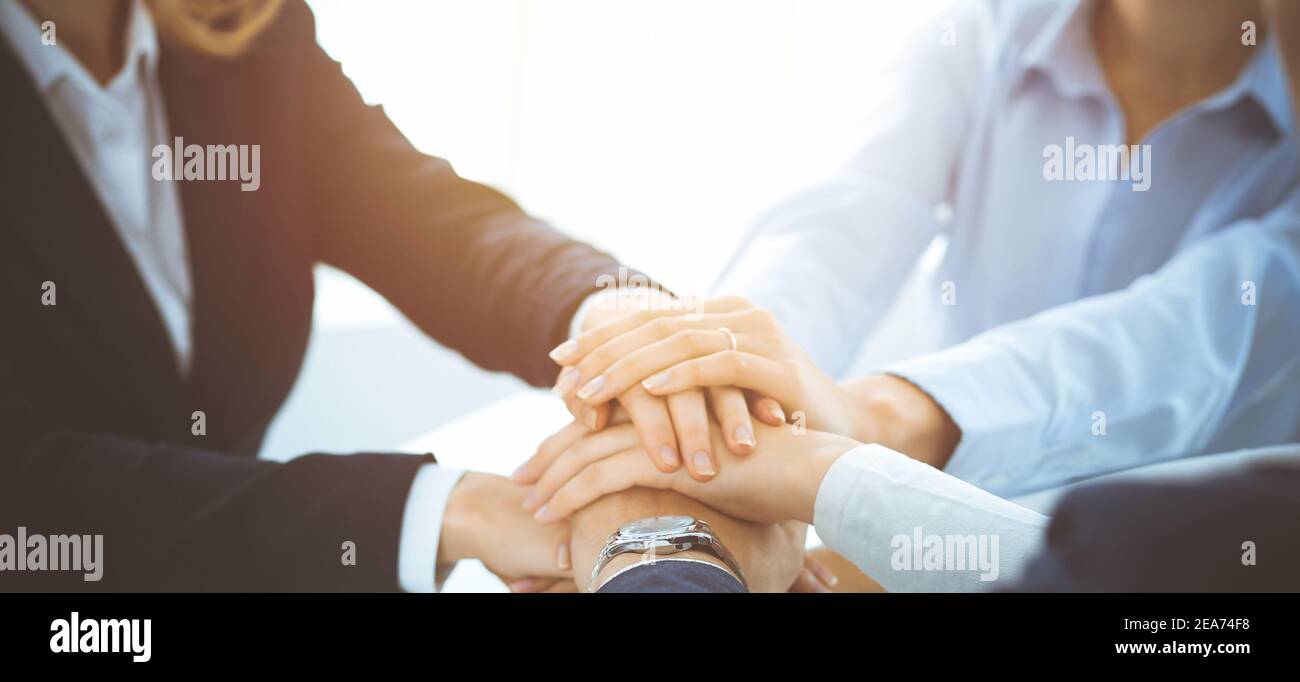 Business team showing unity with their hands together in sunny office ...