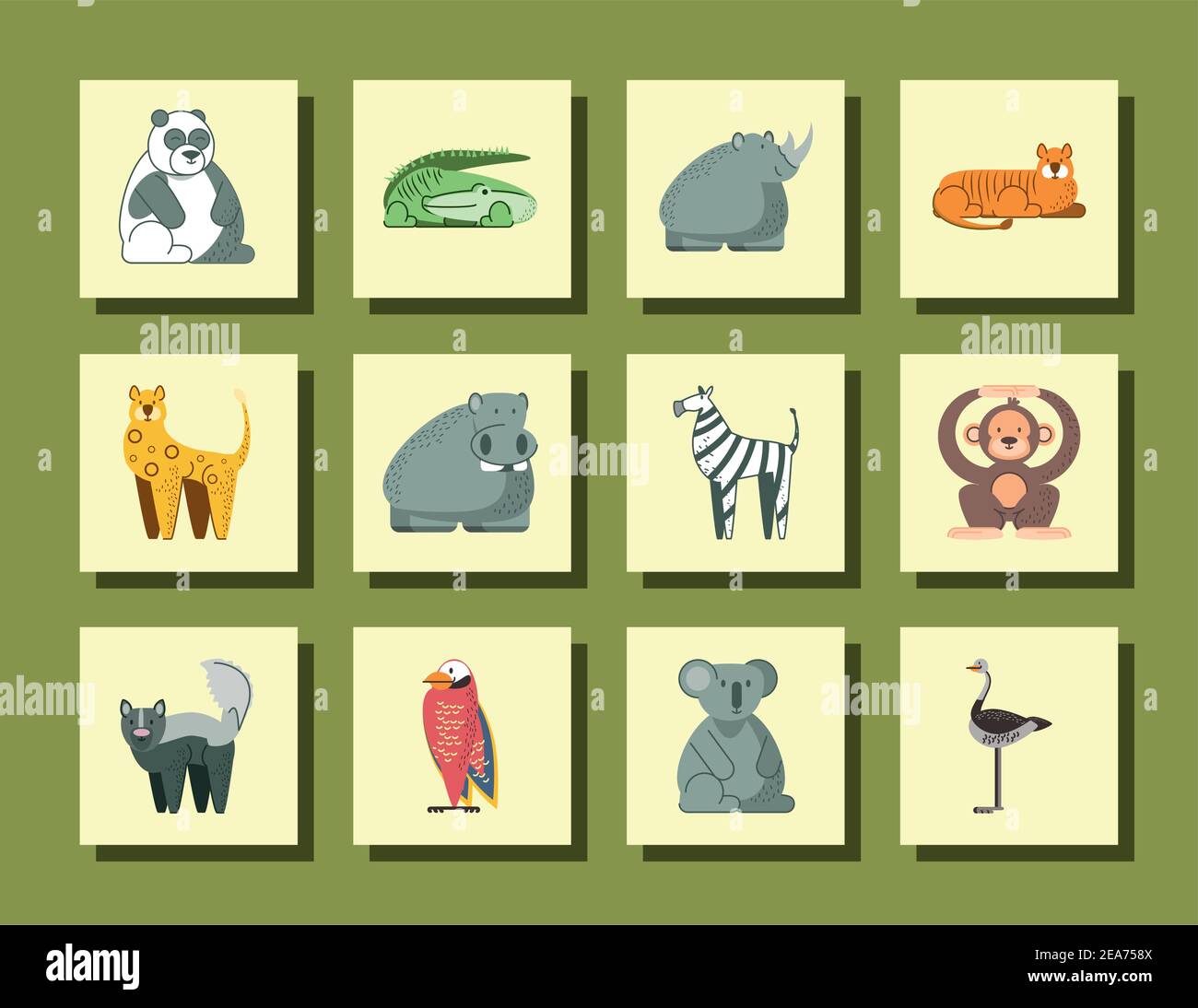 panda crocodile rhino hippo monkey koala and bird jungle animals ...