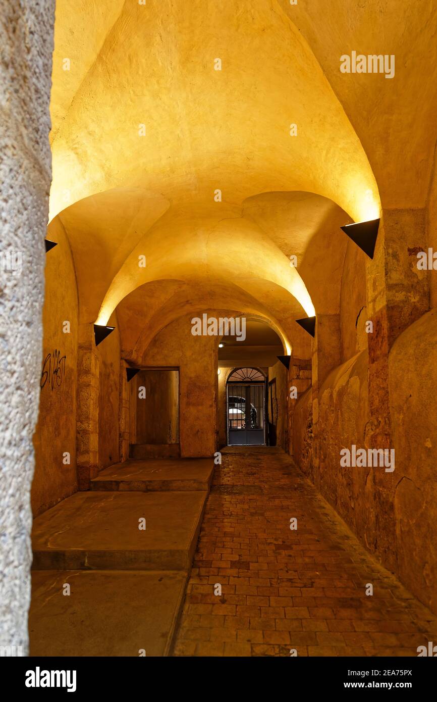 LYON, FRANCE, February 6, 2021 : The Longue traboule in historic center ...