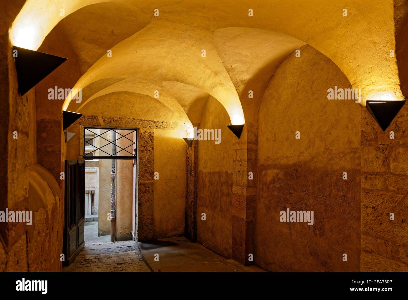 LYON, FRANCE, February 6, 2021 : The Longue traboule in historic center ...