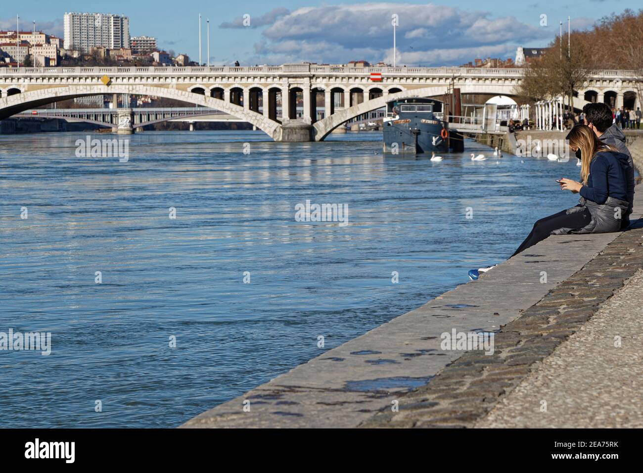 LYON, FRANCE, February 7, 2021 : Lyon inhabitants have a walk on the ...