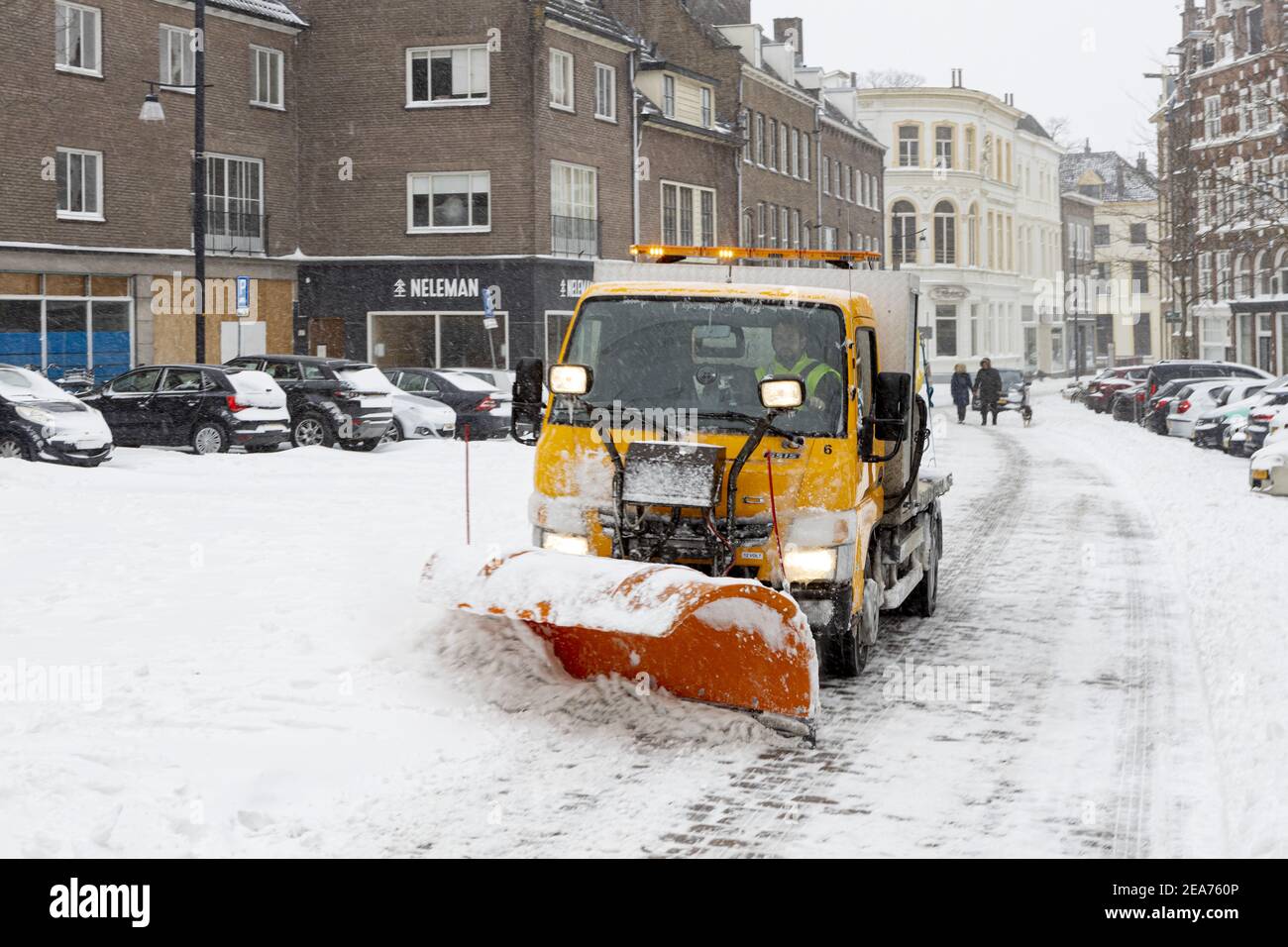ZUTPHEN, NETHERLANDS - Feb 07, 2021: Snow shovel vehicle in historic ...