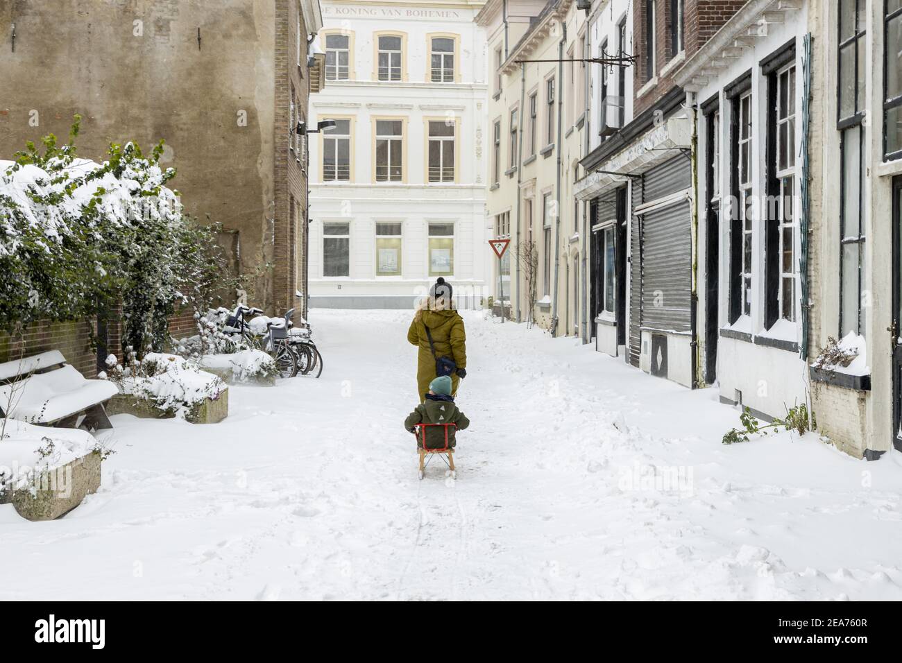ZUTPHEN, NETHERLANDS - Feb 07, 2021: Mother pulling a sledge with child ...