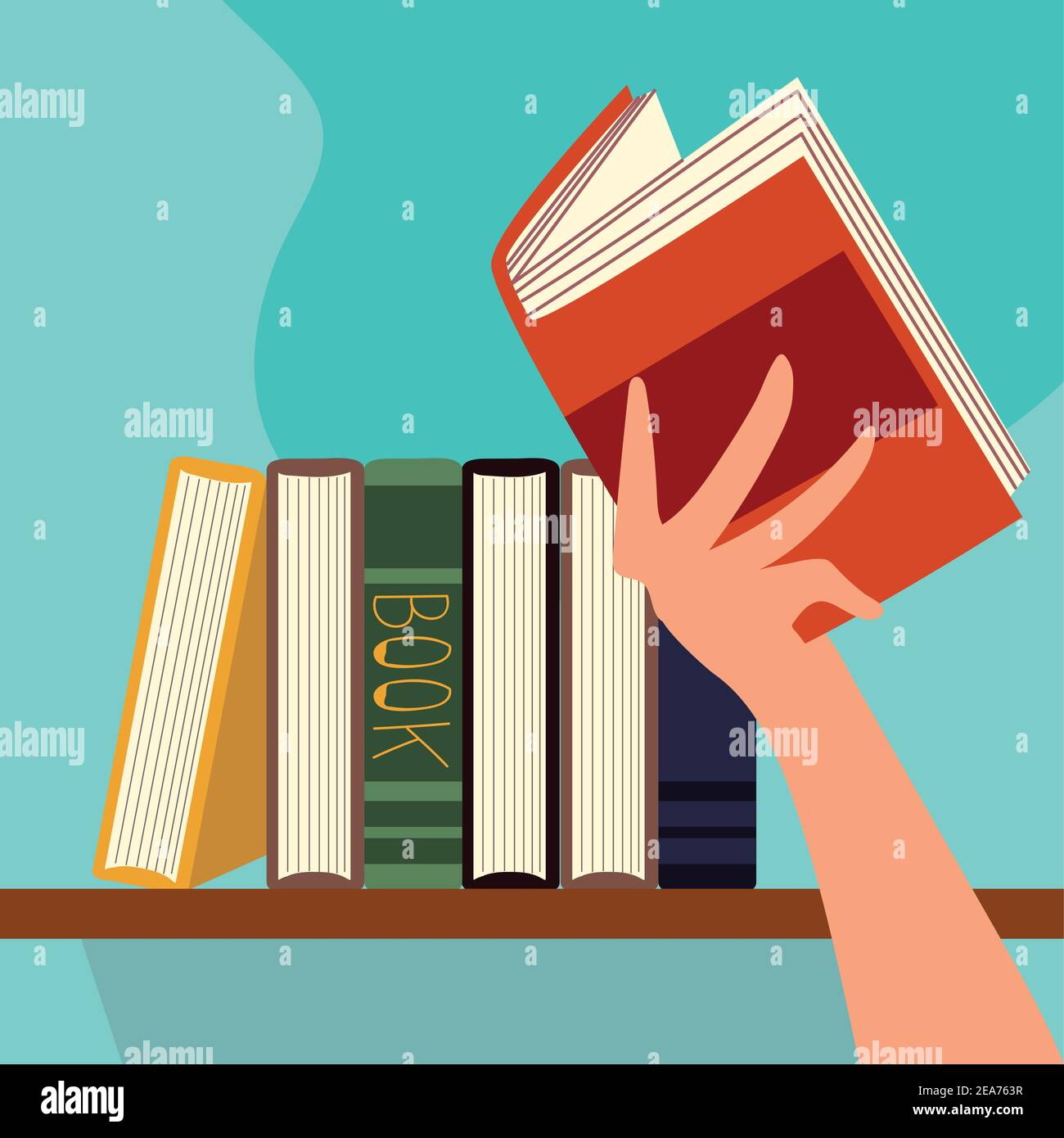 hand with open book and textbooks on wood shelf vector illustration ...