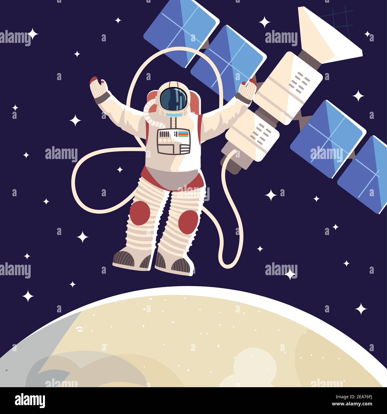 space explorer, astronaut satellite moon universe vector illustration ...