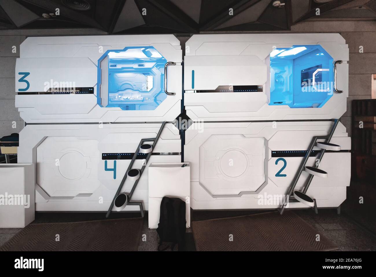 Modern sci-fi space design of a capsule hotel or hostel. It is often ...
