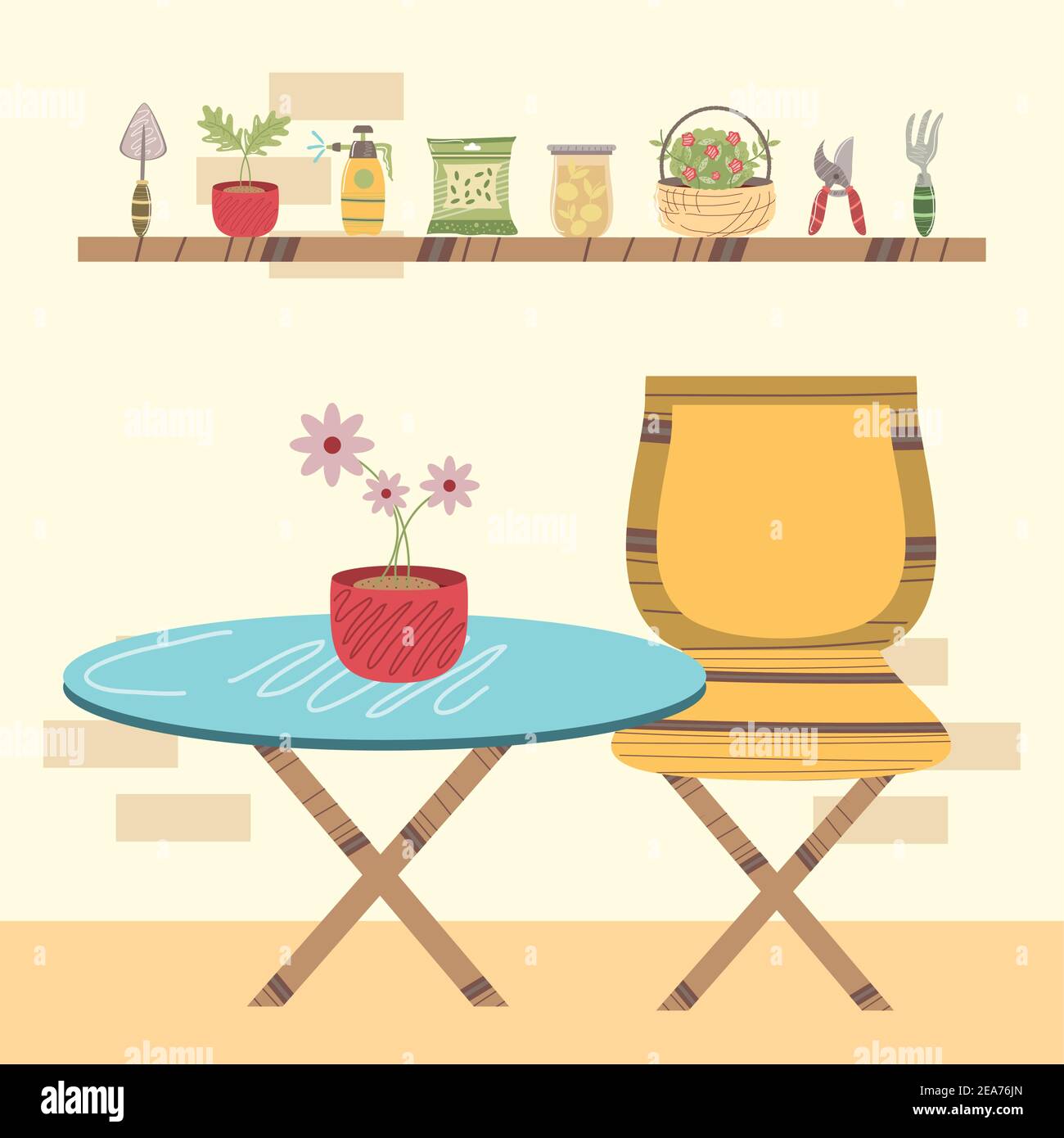 home garden table with flowers in pot and plants on shelf vector ...
