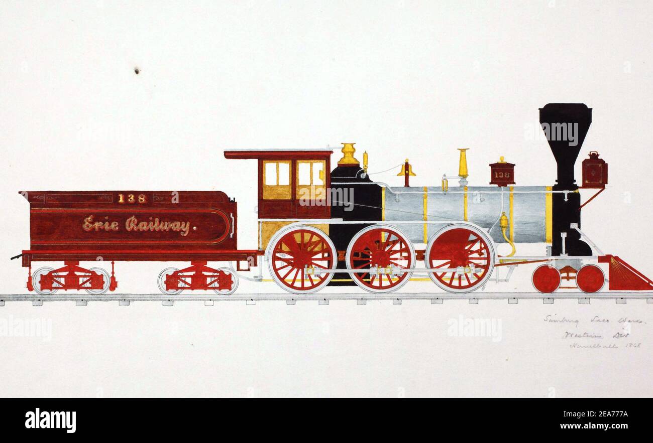 Illustration of a colorful 19th century locomotive on the rails on the ...