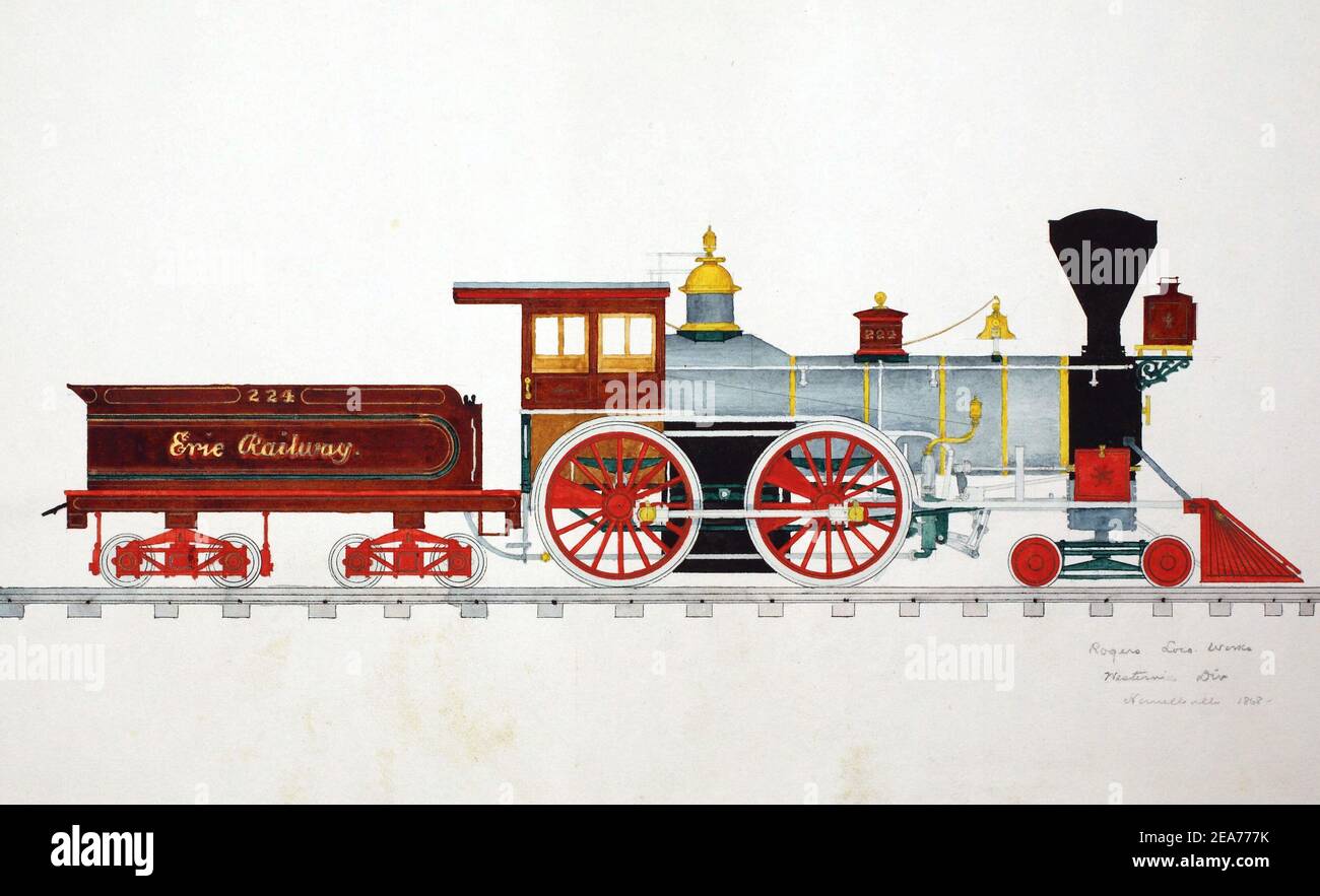 Illustration of a colorful 19th century locomotive on the rails on the ...