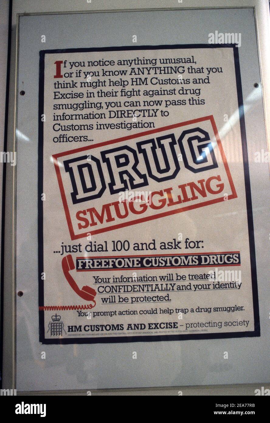 Customs & Excise drug smuggling poster, Heathrow airport, 1980s Stock ...