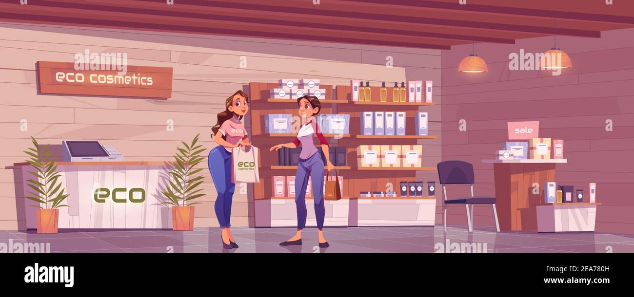 Woman in eco cosmetics store, assistant offer makeup or skincare ...