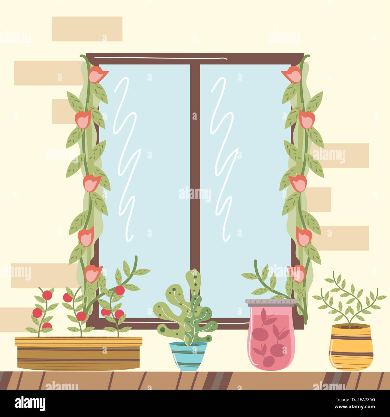 home garden window with flowers and potted plants vector illustration ...