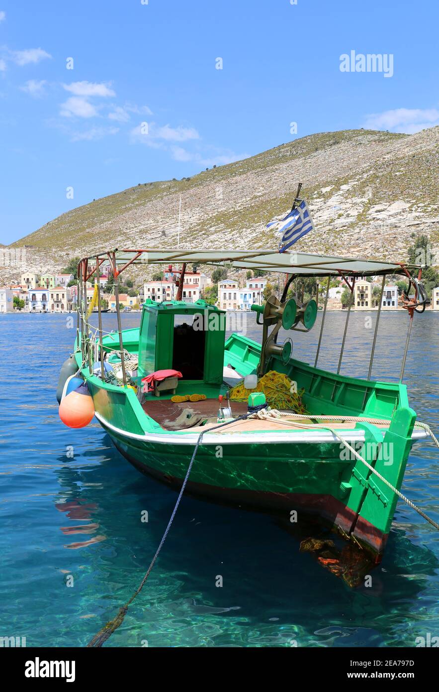Green Greek Fishing Boat with yellow fish nets in Kastellorizo,Greece ...