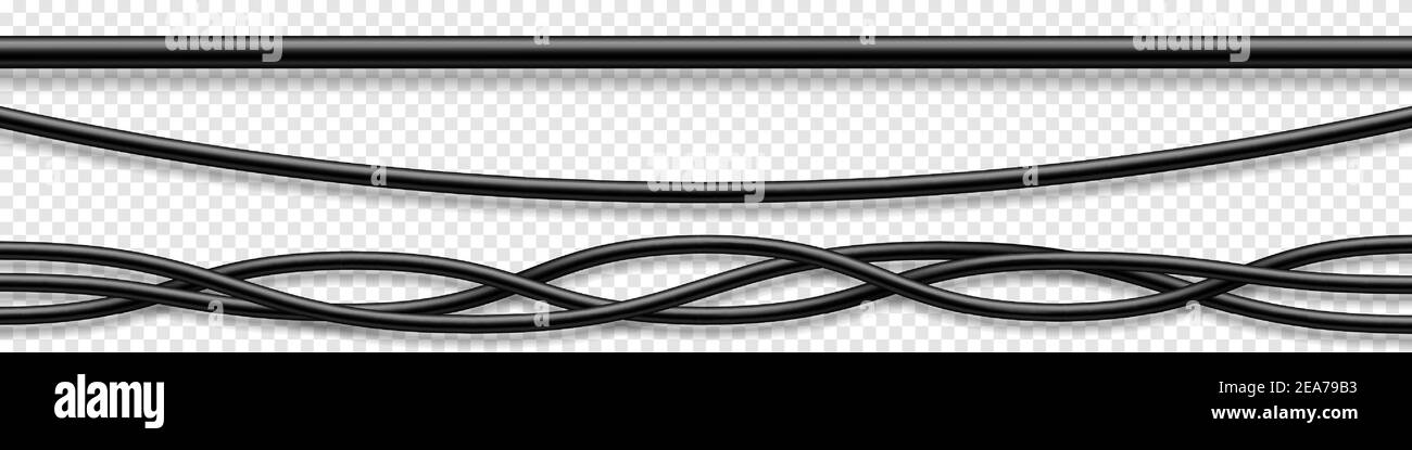 Set of black flexible cables with shadow. Electrical wire. Realistic ...