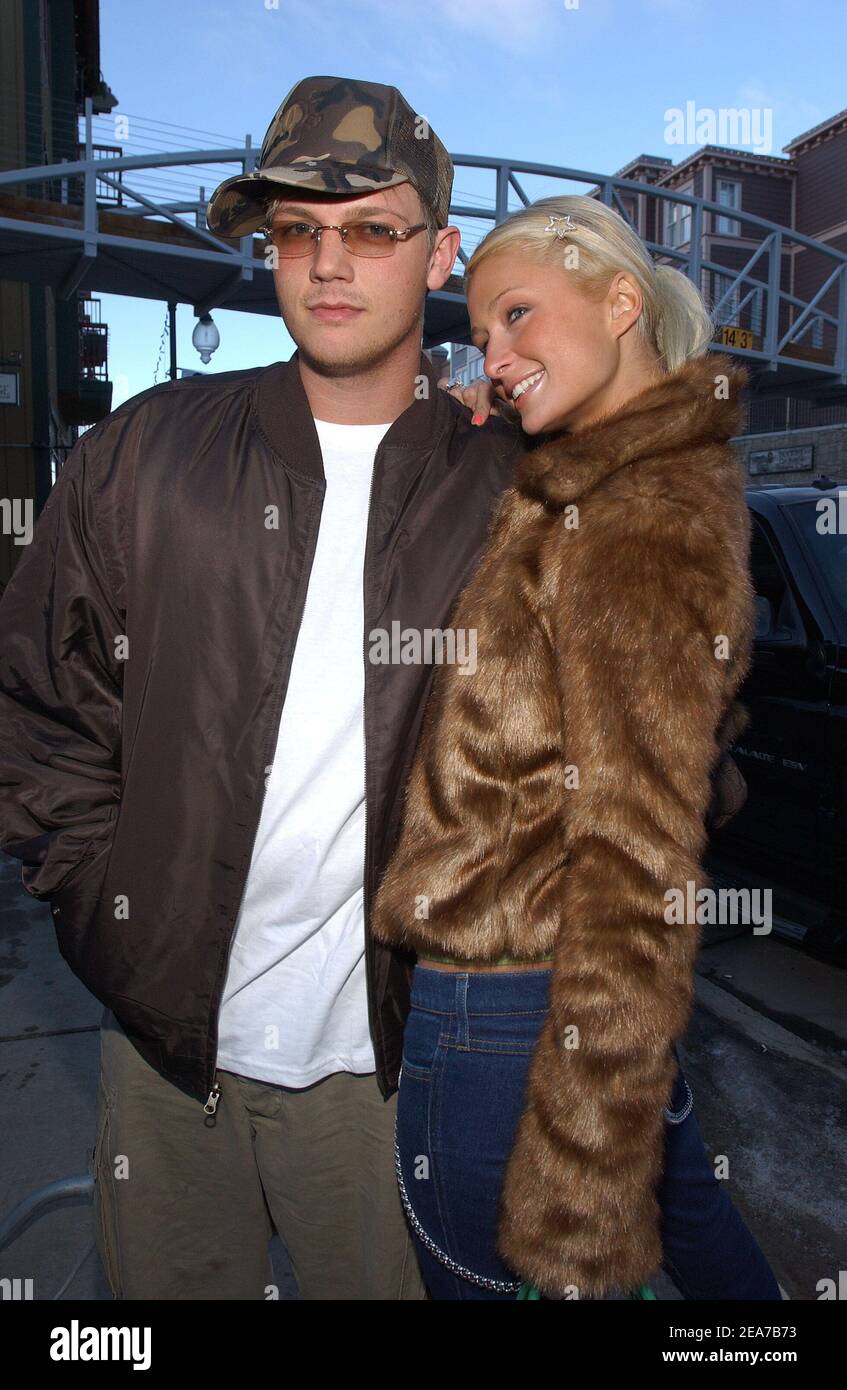 Nick Carter and Paris Hilton posing on Main Street Park City during the ...