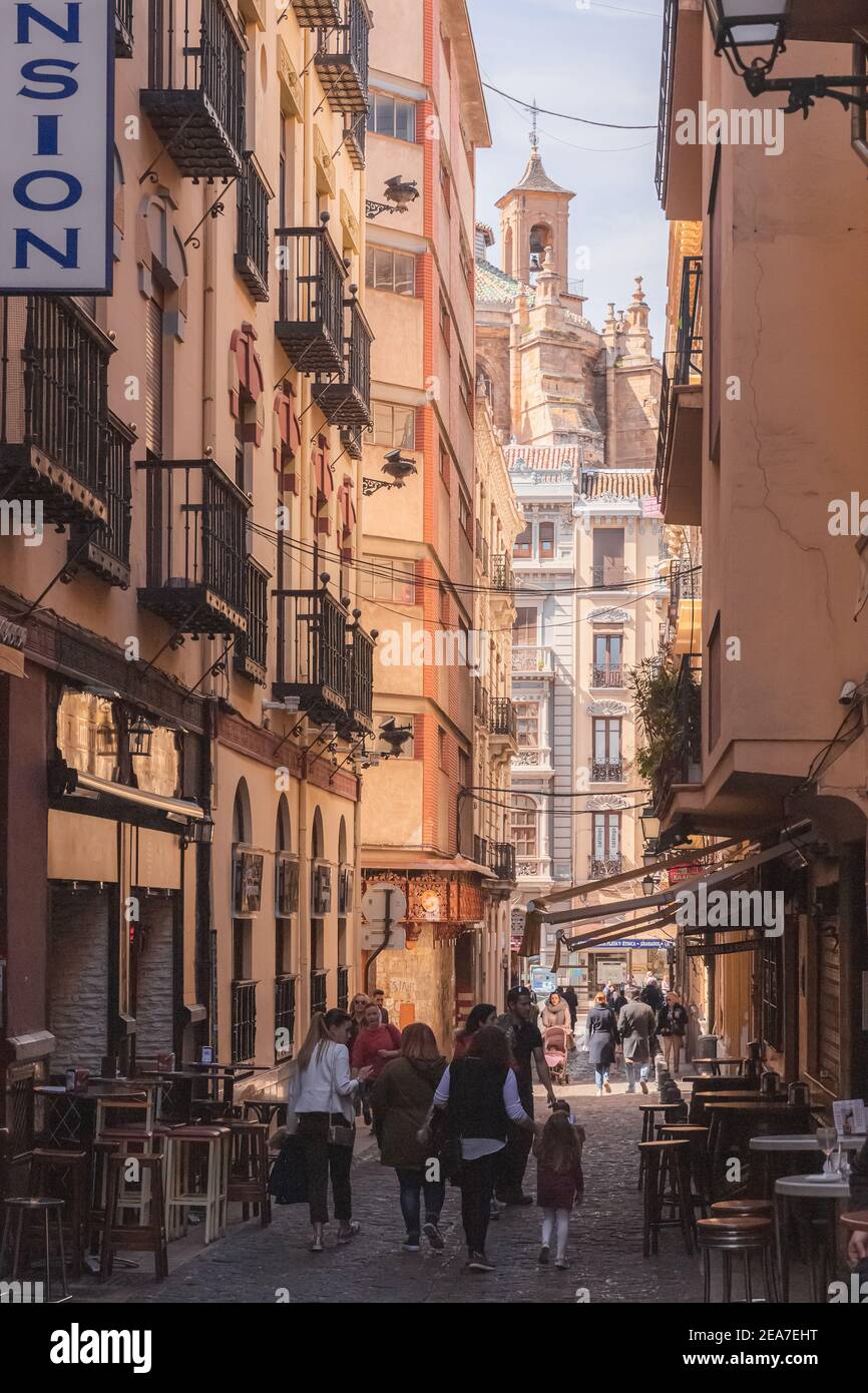 Granada, Spain - April 1 2018: Street scene of tourists and locals ...