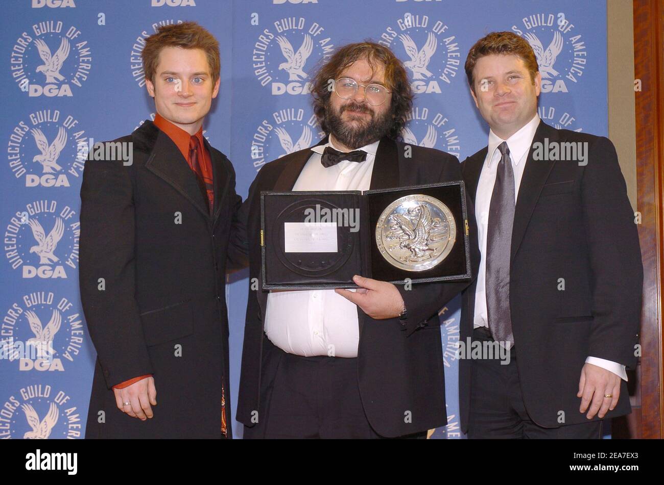 Elijah Wood, Peter Jackson and Sean Astin in the Pressroom at the 56th ...