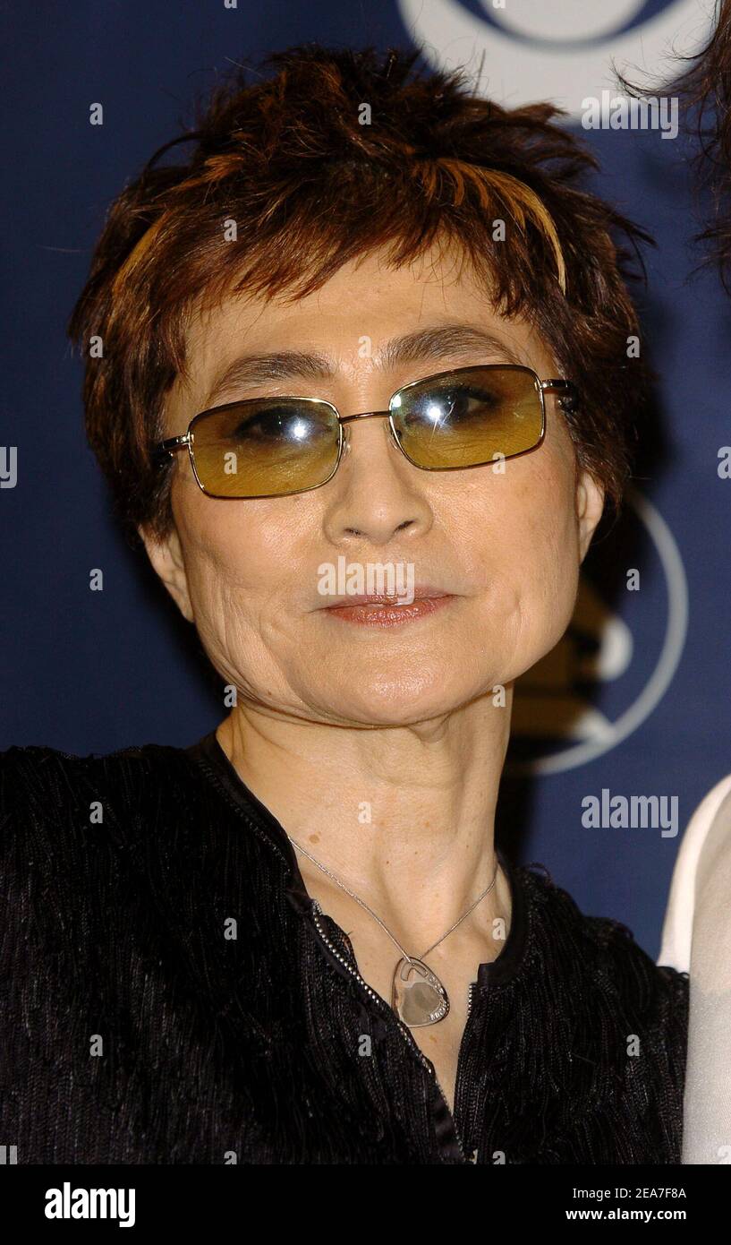 Yoko Ono poses in the pressroom at the 46th Annual Grammy Awards at the ...