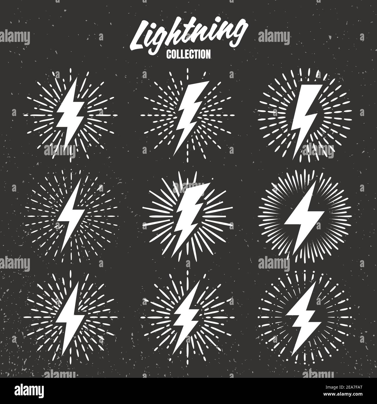Set of vintage lightning bolts and sunrays on grunge background ...