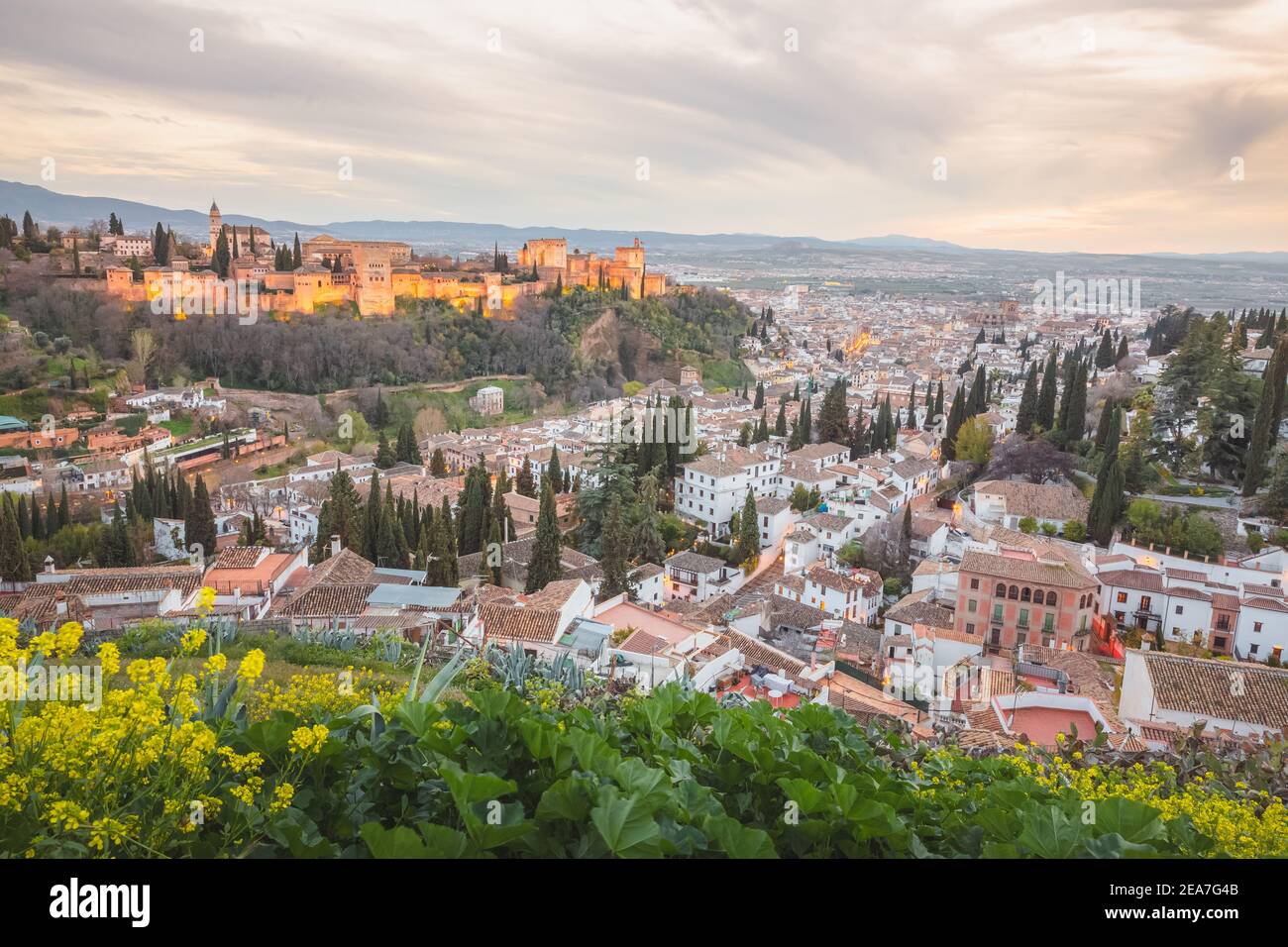 Evening cityscape view of the Alhambra and the historic Moorish or Arab ...