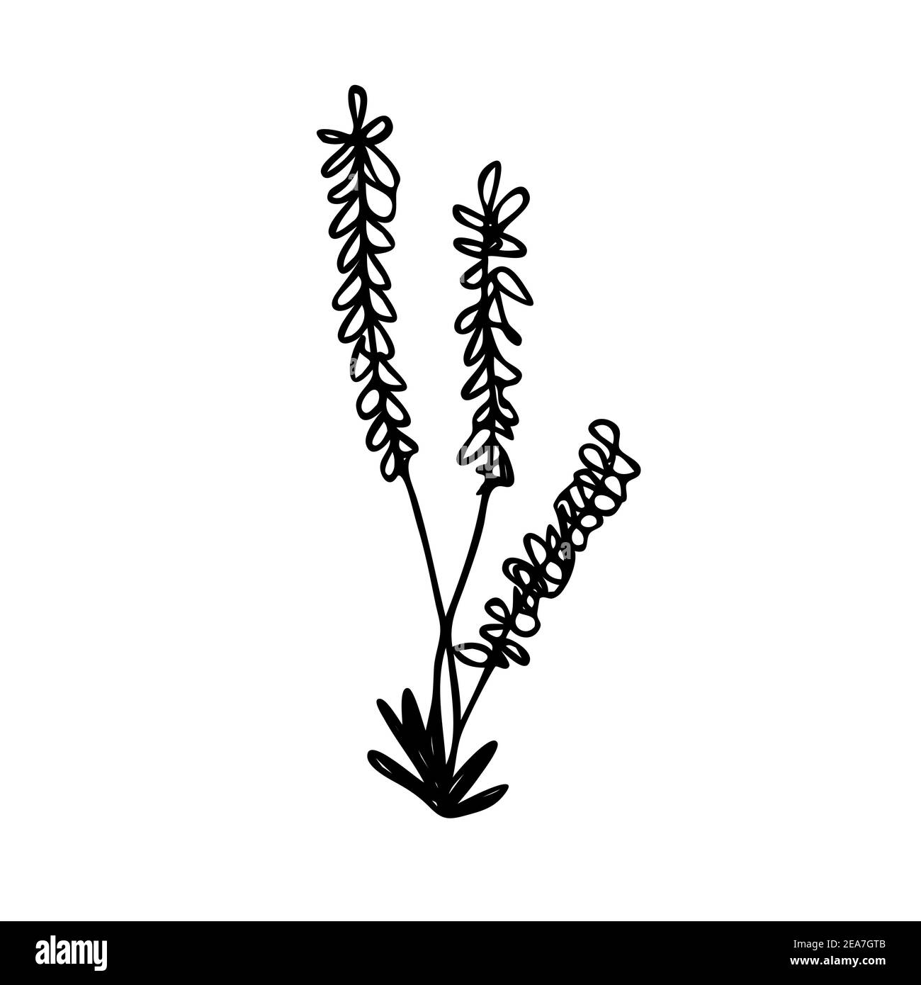 Hand drawn abstract floral sprig silhouette. Black and white outline ...