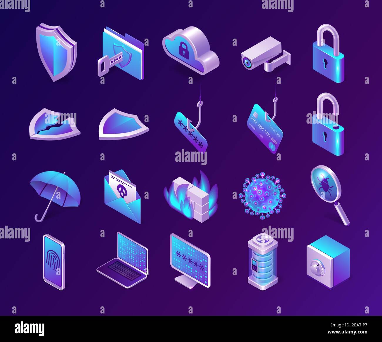 Computer security isometric icons set. Phishing, safe, database server ...