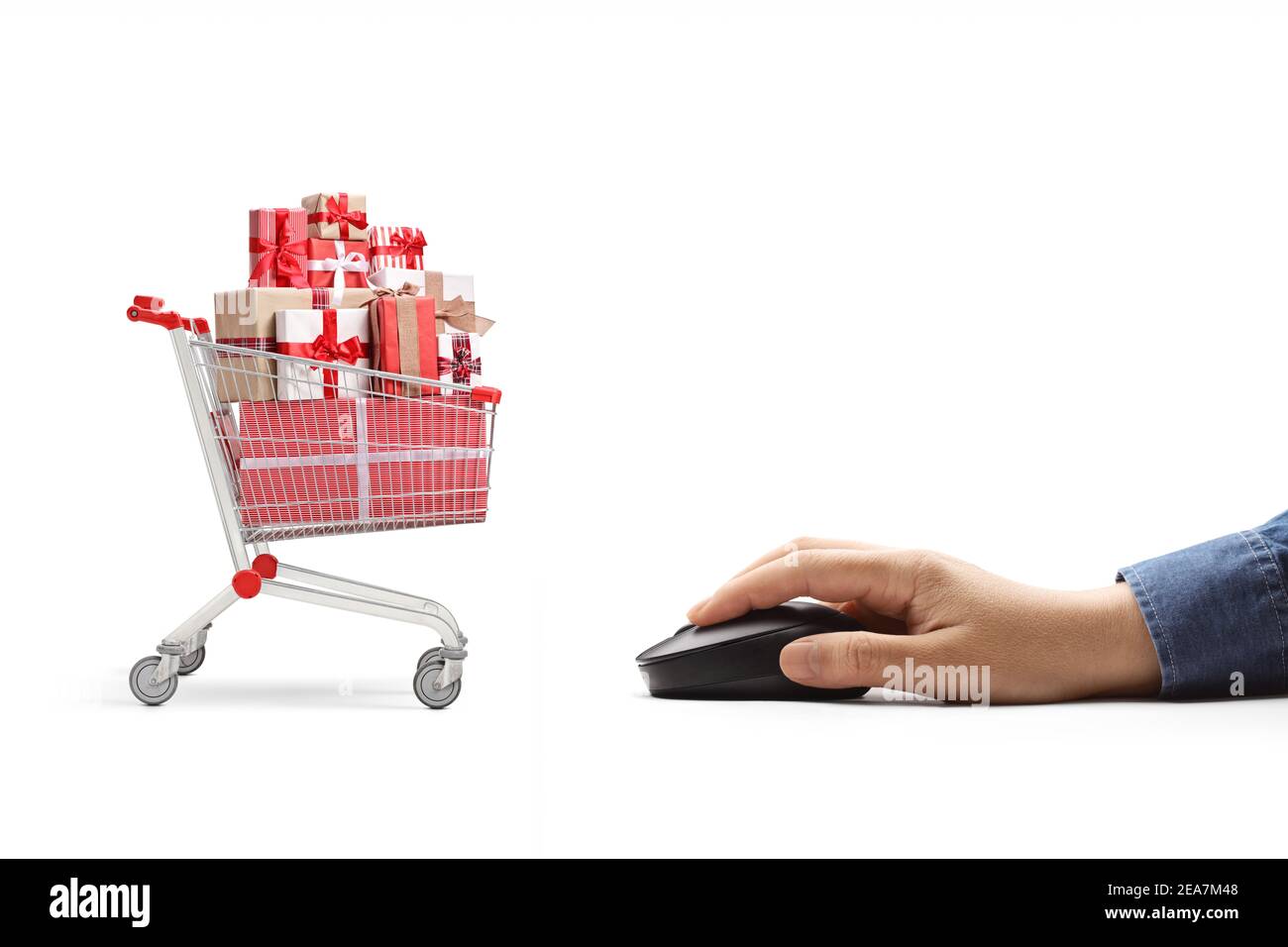 Male hand clicking on a computer mouse and a shopping online presents ...