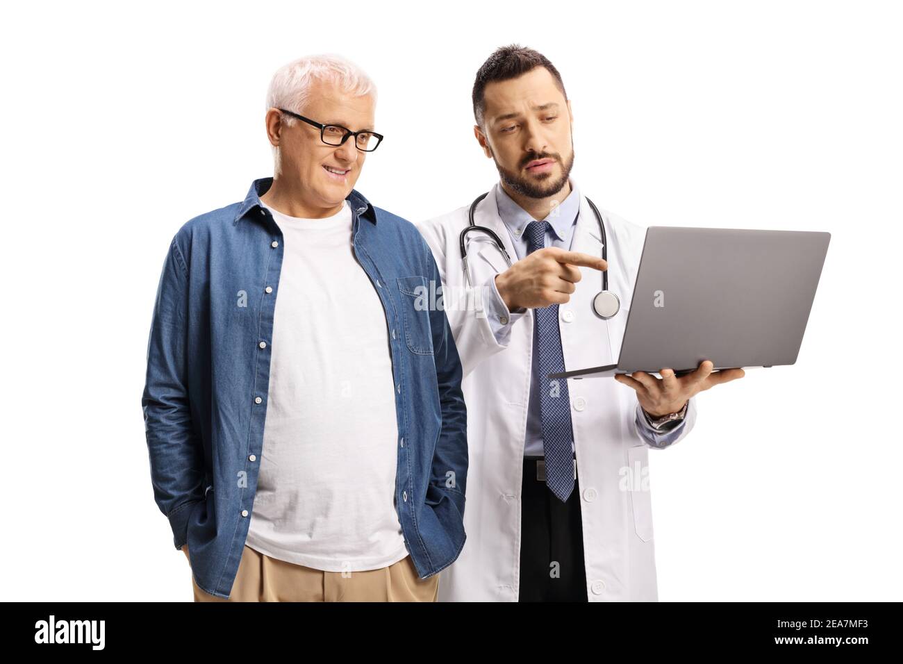 Doctor showing a patient a laptop computer isolated on white background ...