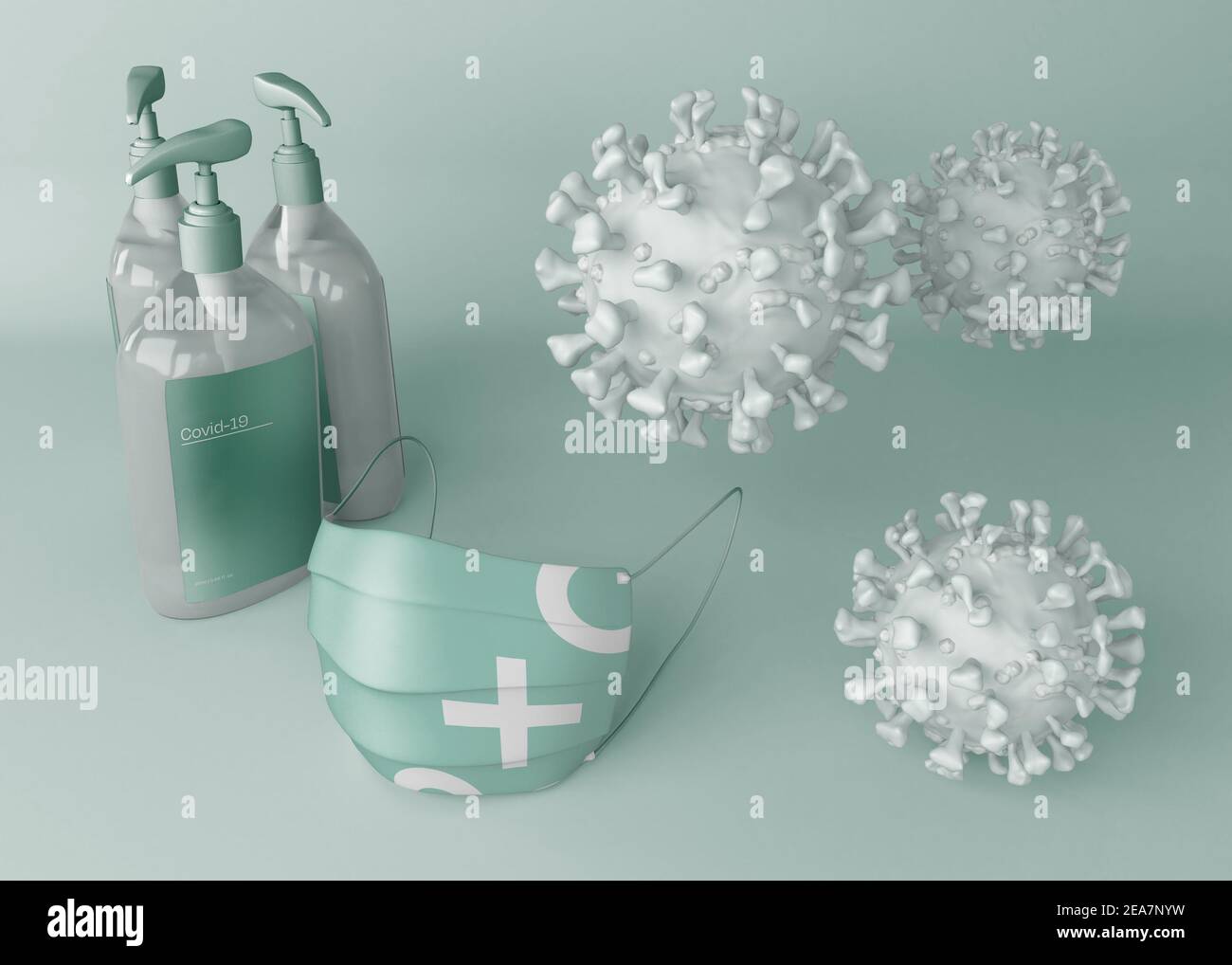3D Illustration. Covid-19 cells with a mask and gel bottle Stock Photo ...