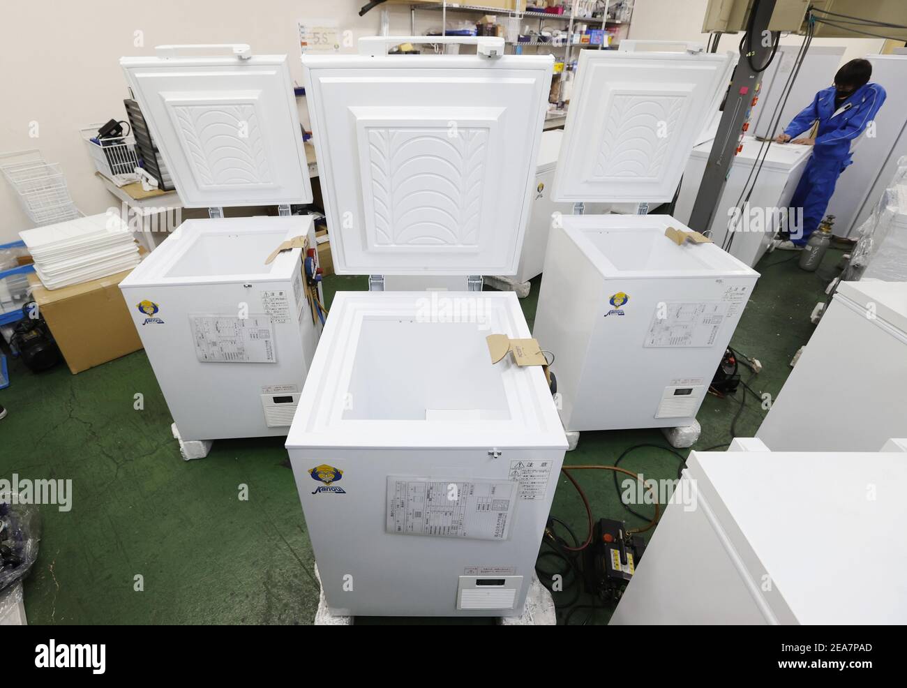 Ultra-cold freezers sit in a warehouse in Sagamihara, Kanagawa ...