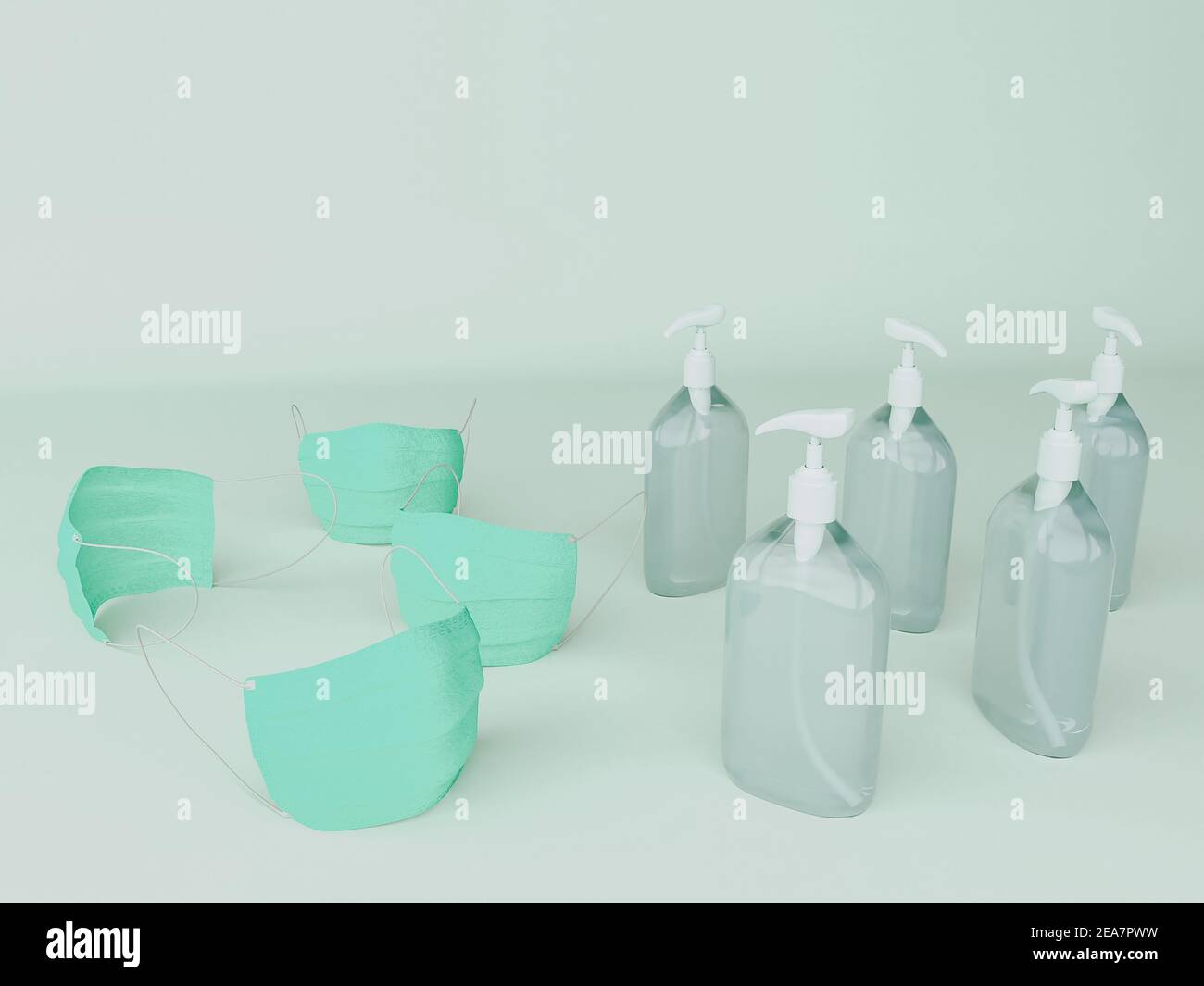 3D Illustration. Surgical face masks and gel alcohol bottles Stock ...