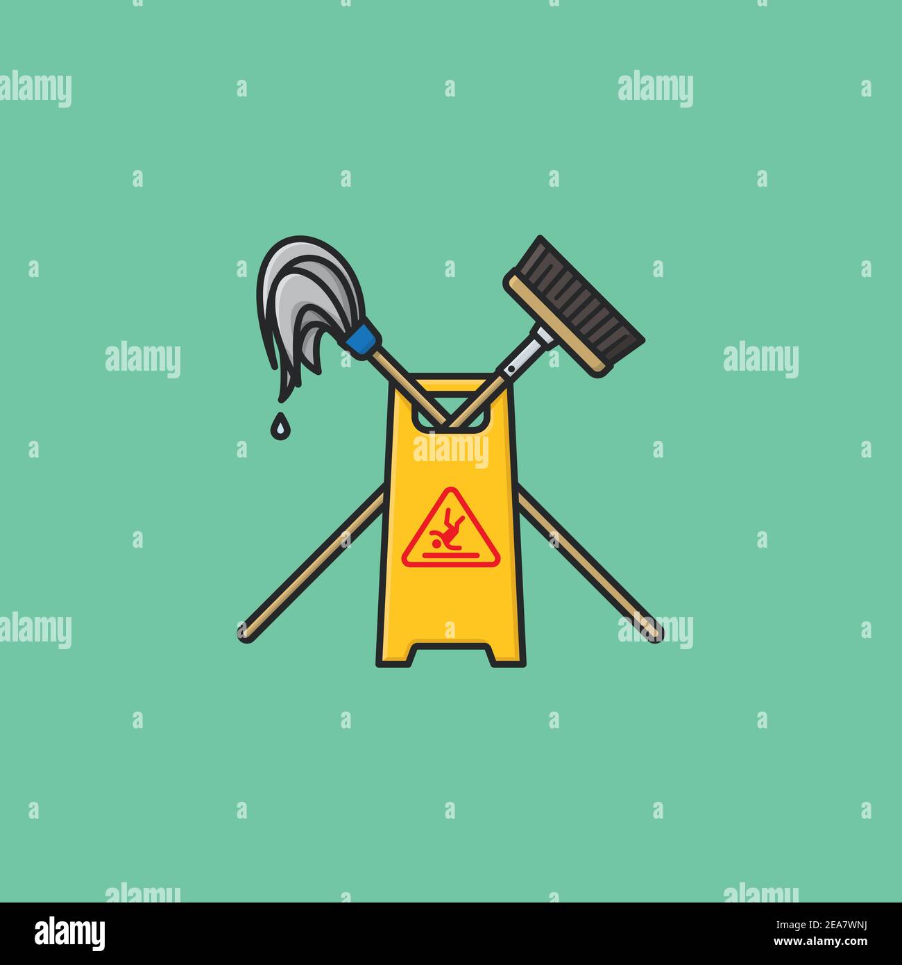 Wet floor sign with crossed mop and broom vector illustration for ...